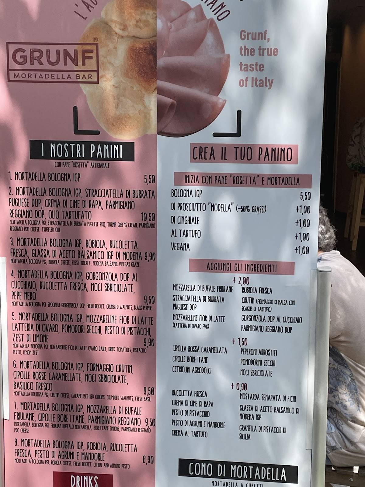 Speisekarte von Grunf Mortadella Bar, Lignano Sabbiadoro
