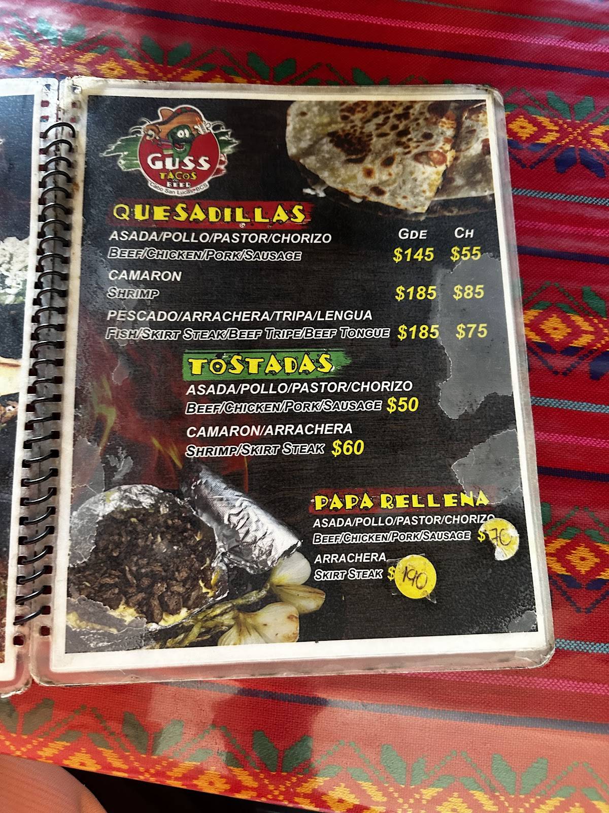 Menu at Guss Tacos restaurant, Cabo San Lucas, Blvd Lazaro Cardenas ...