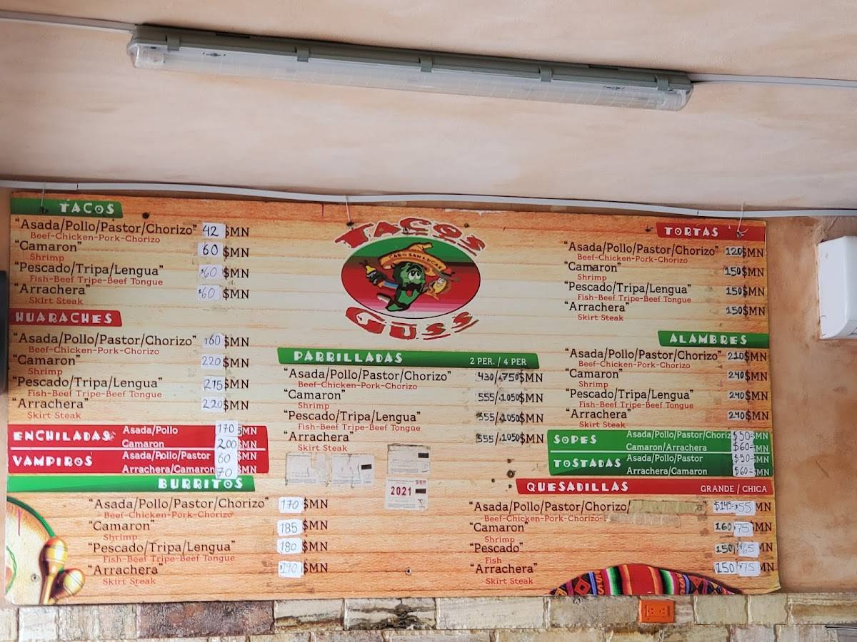 Menu at Guss Tacos restaurant, Cabo San Lucas, Blvd Lazaro Cardenas ...