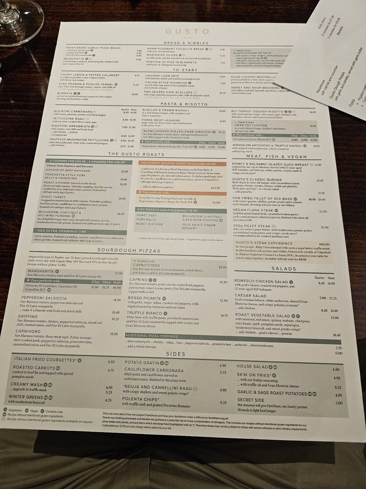 Menu at Gusto Italian restaurant, Edinburgh