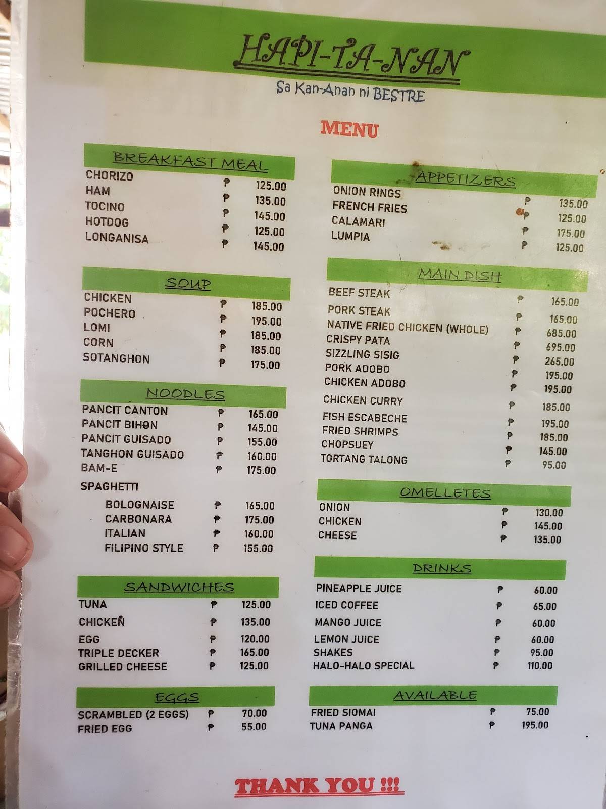 Menu at HAPI - TA - NAN sa Kan-anan ni BESTRE restaurant, Carmen