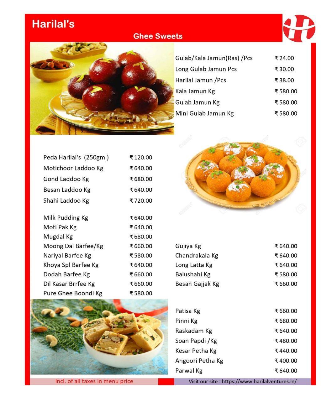 Menu at Harilal's, Patna, West Boring Canal Rd