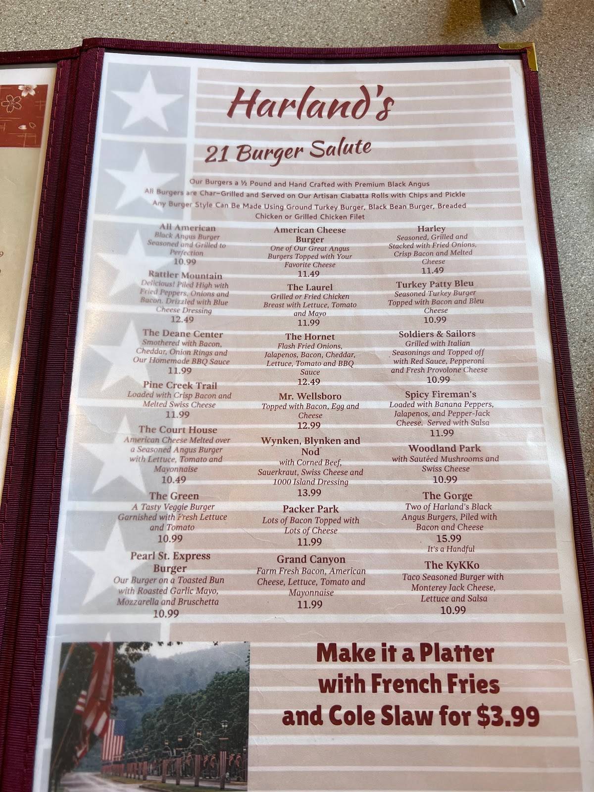 Menu at Harland's restaurant, Wellsboro