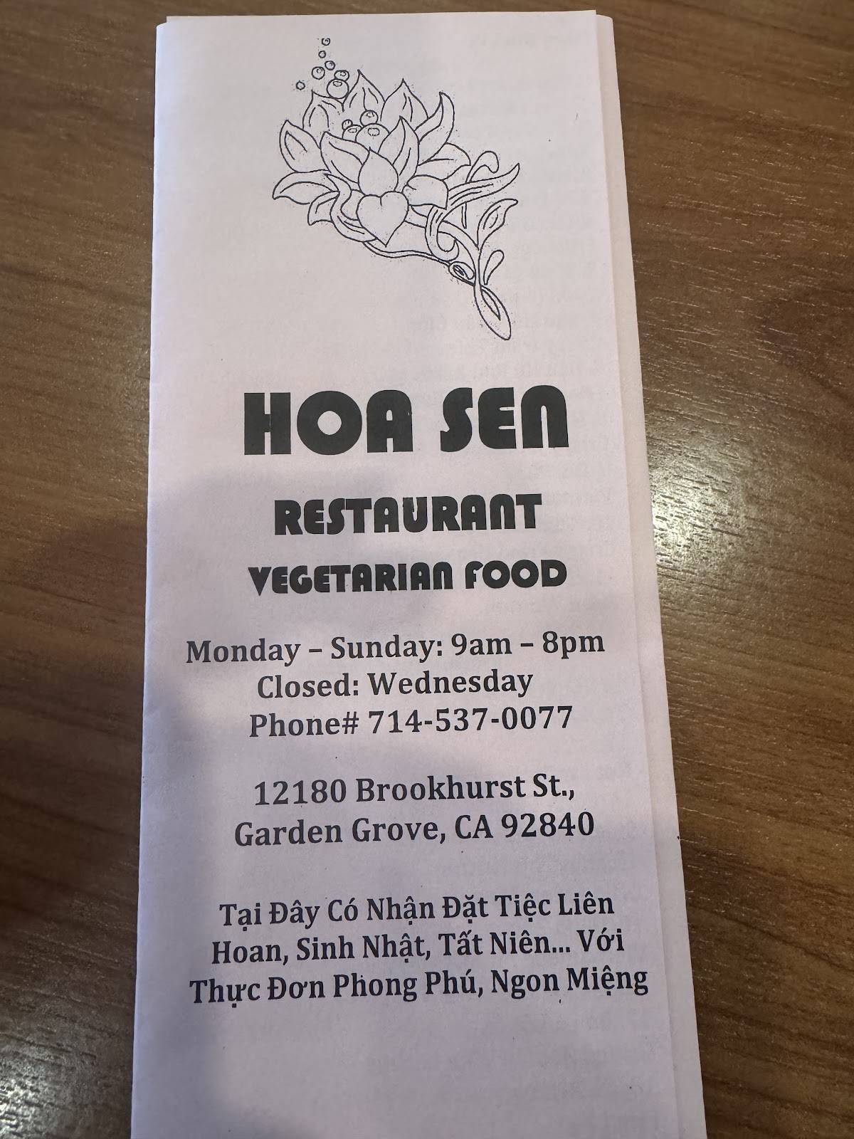 Menu at Hoa Sen restaurant, Garden Grove