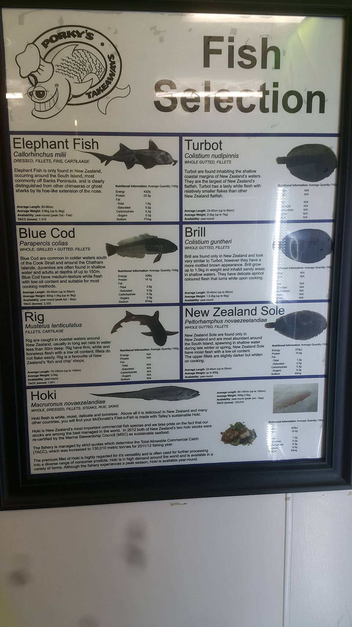 Menu at Hokitika Townchip restaurant, Hokitika