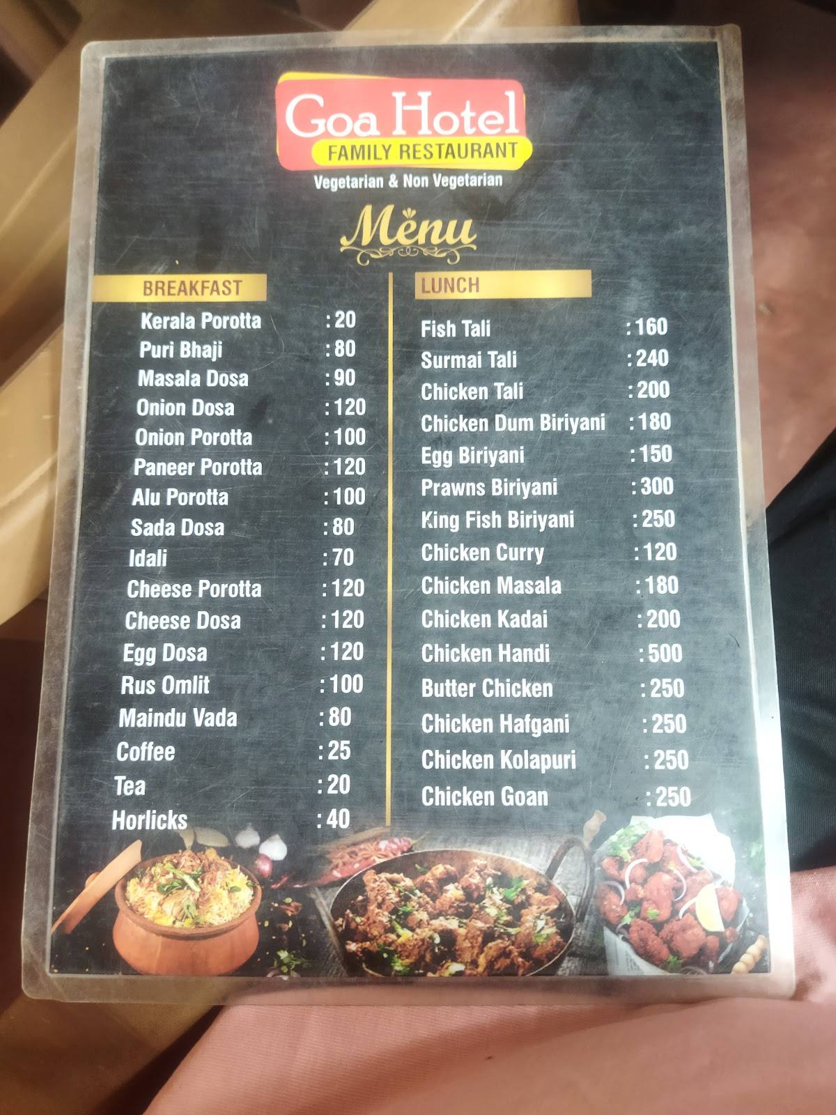 Menu at Hotel Goa, India, Sirsiam