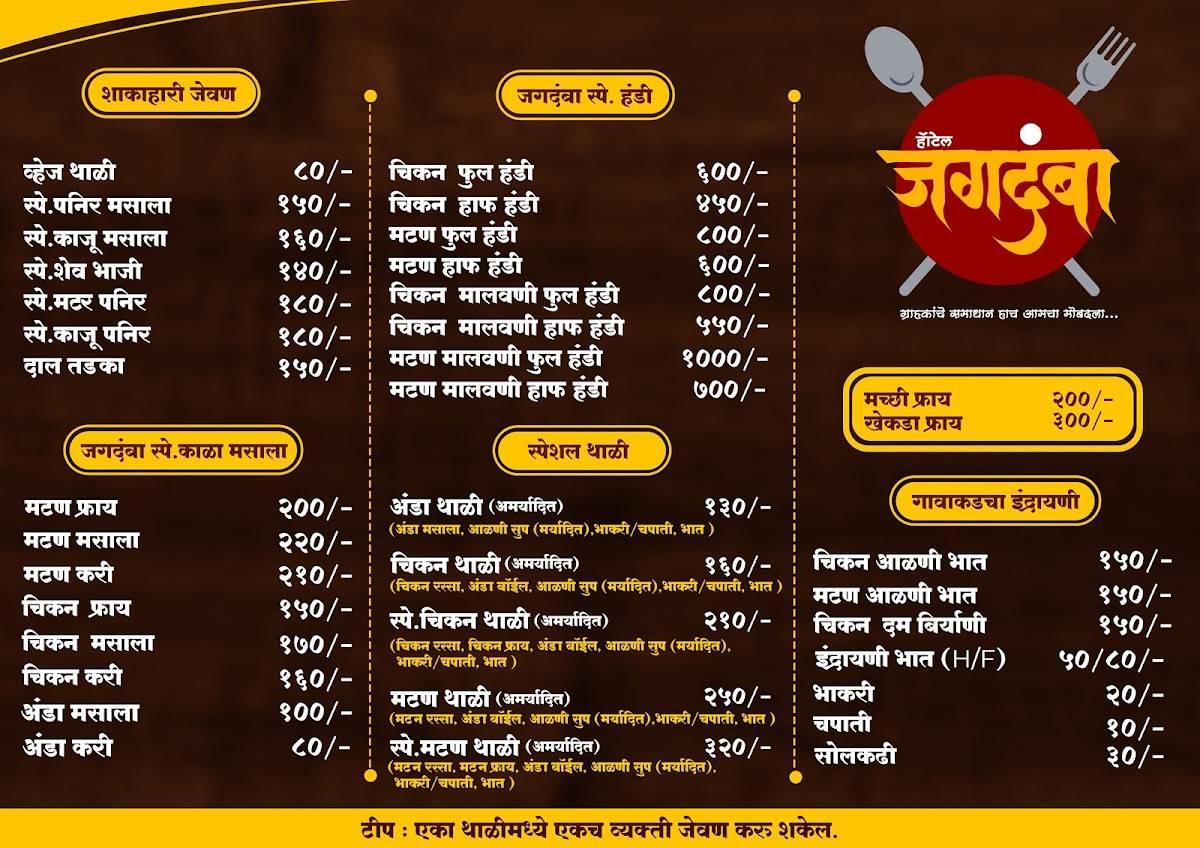 Menu at Hotel Jagdamba, Pune