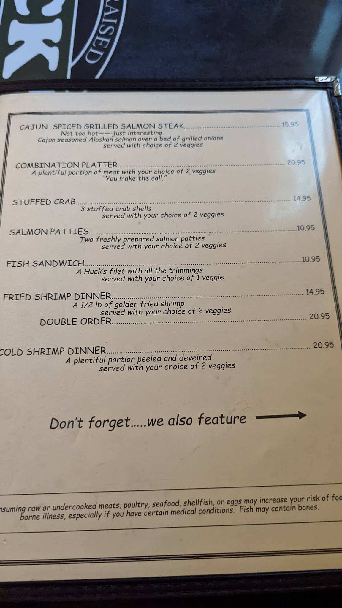 Menu at Huck's Catfish restaurant, Denison