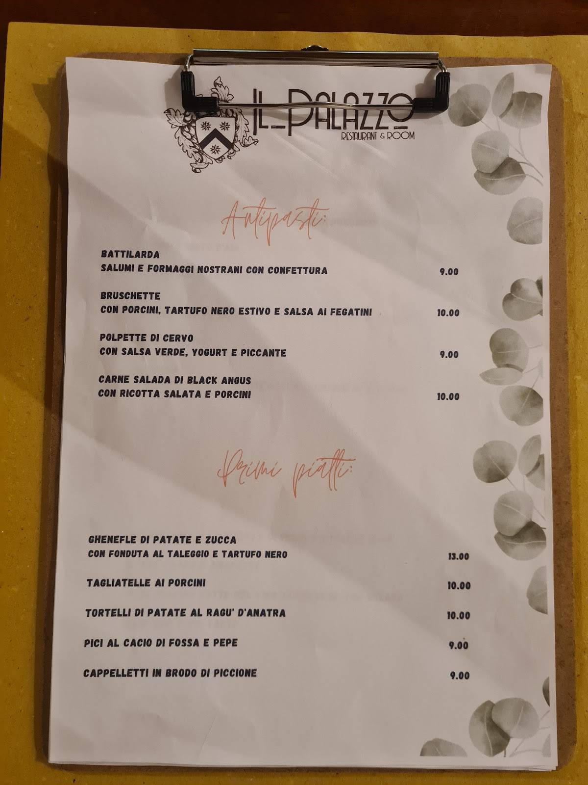 Menu da Il Palazzo di Ridracoli ristorante, Ridracoli
