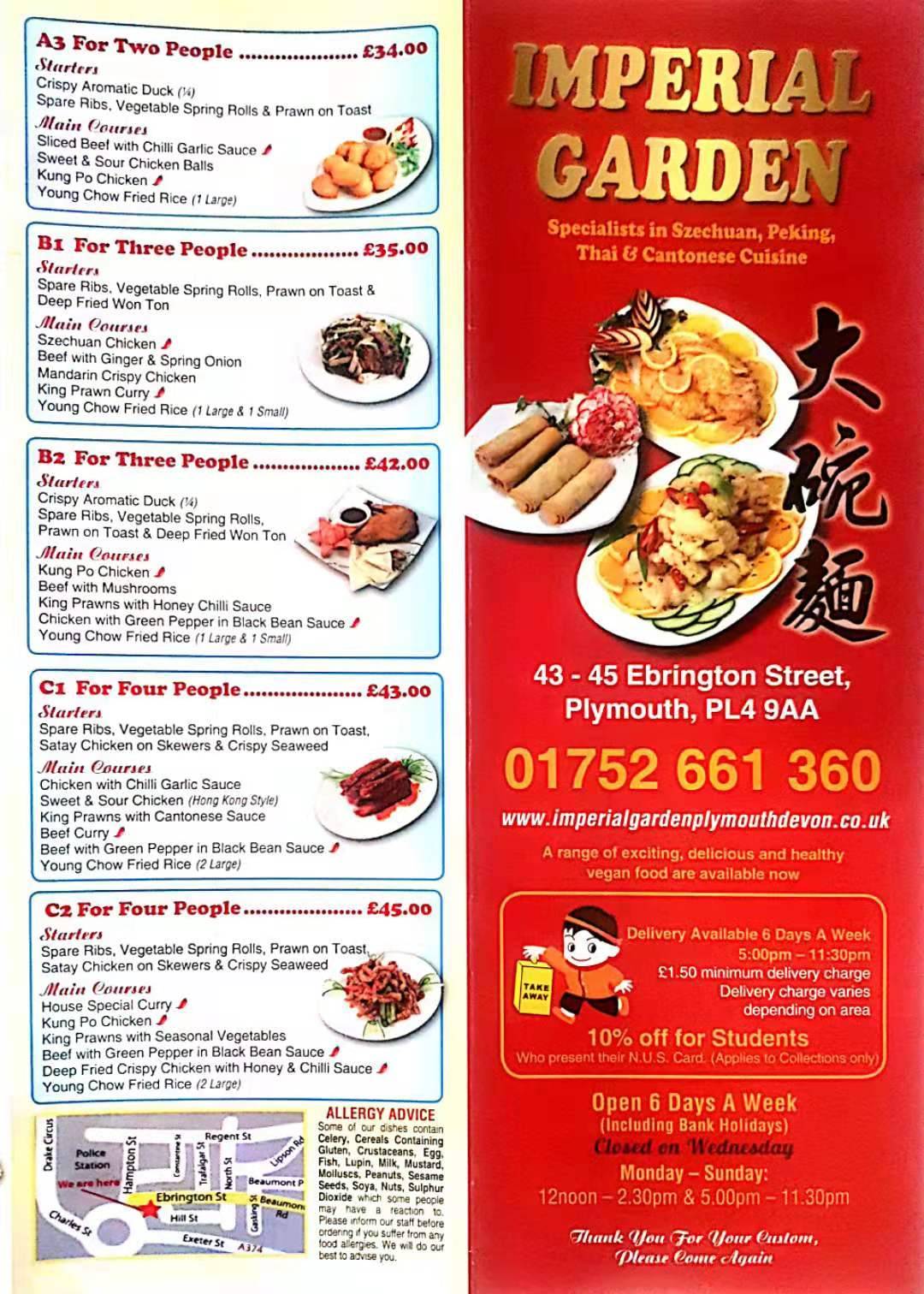 Menu at Imperial Garden restaurant, Plymouth