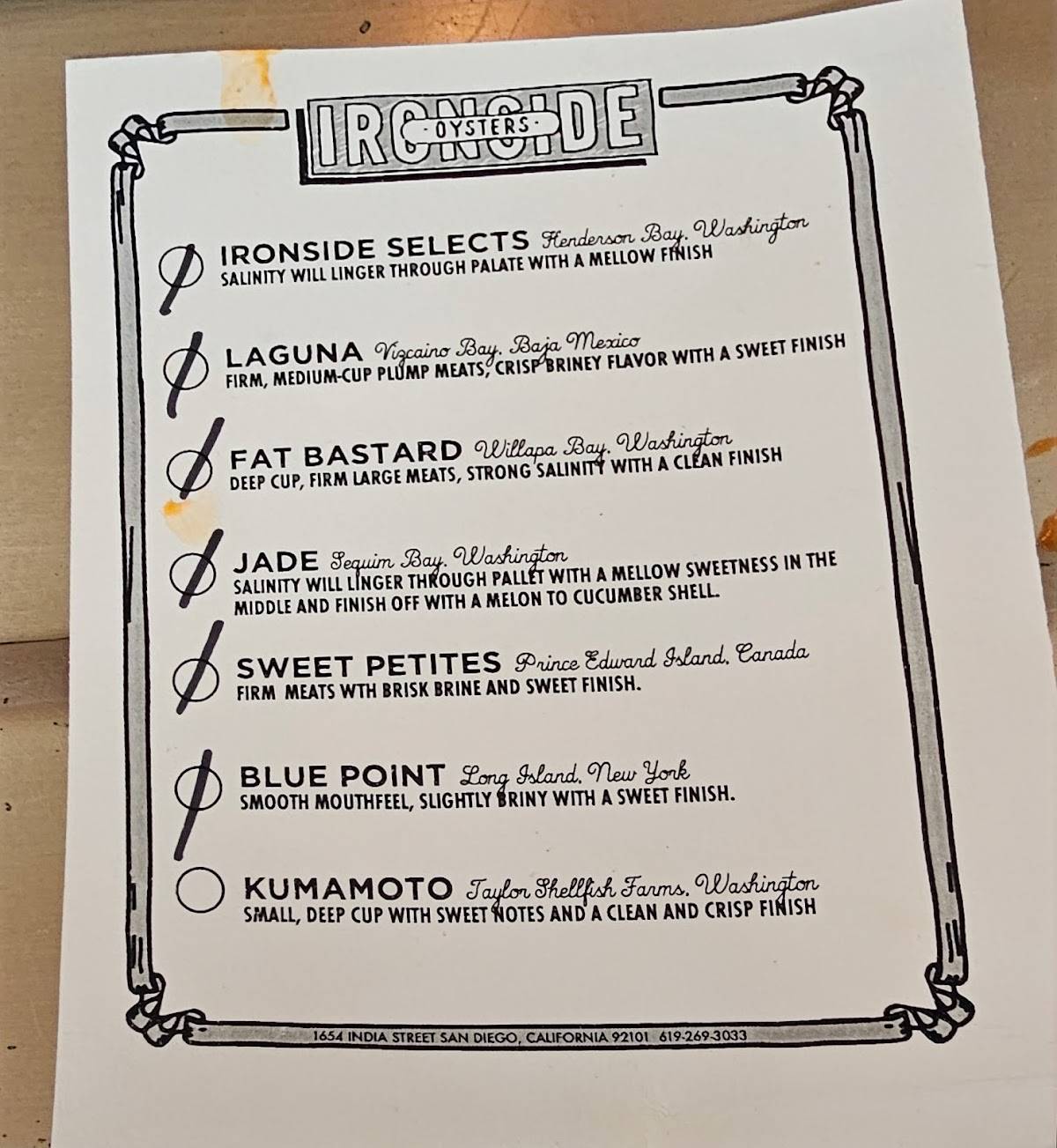 Menu at Ironside Fish & Oyster Bar, San Diego, India St
