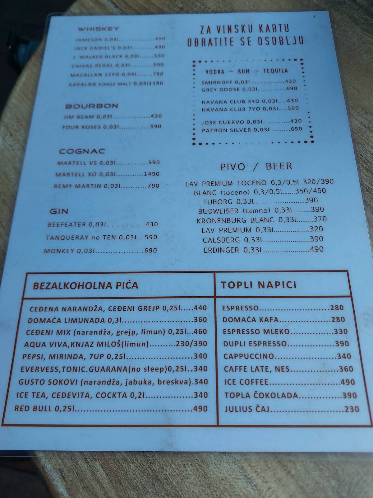Menu at Izlog Restaurant, Belgrade, Dvadeset sedmog marta 40