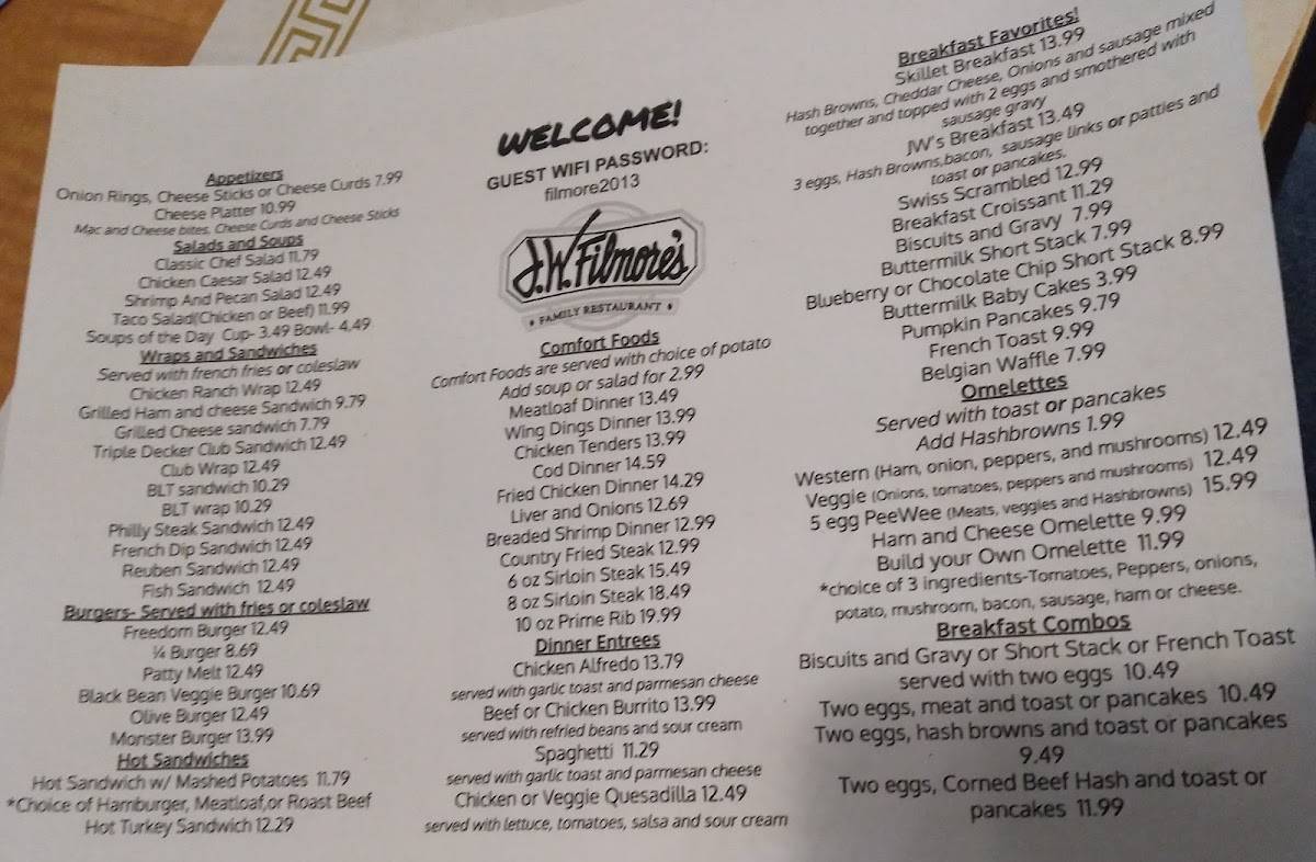 Menu at J W Filmore's Family Restaurant, Petoskey