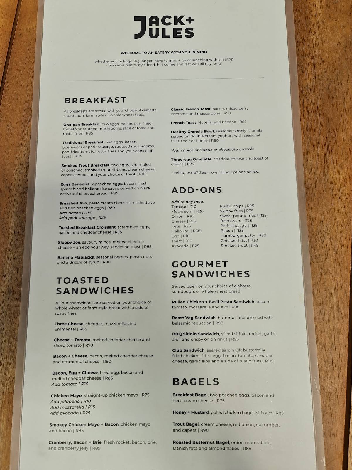 Menu at Jack & Jules restaurant, Cape Town