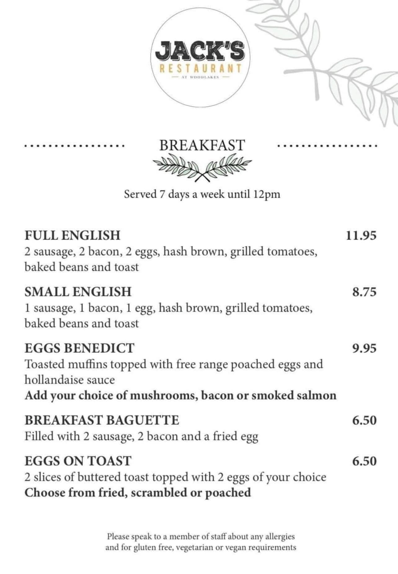 Menu at Jacks at Woodlakes restaurant, Stowbridge