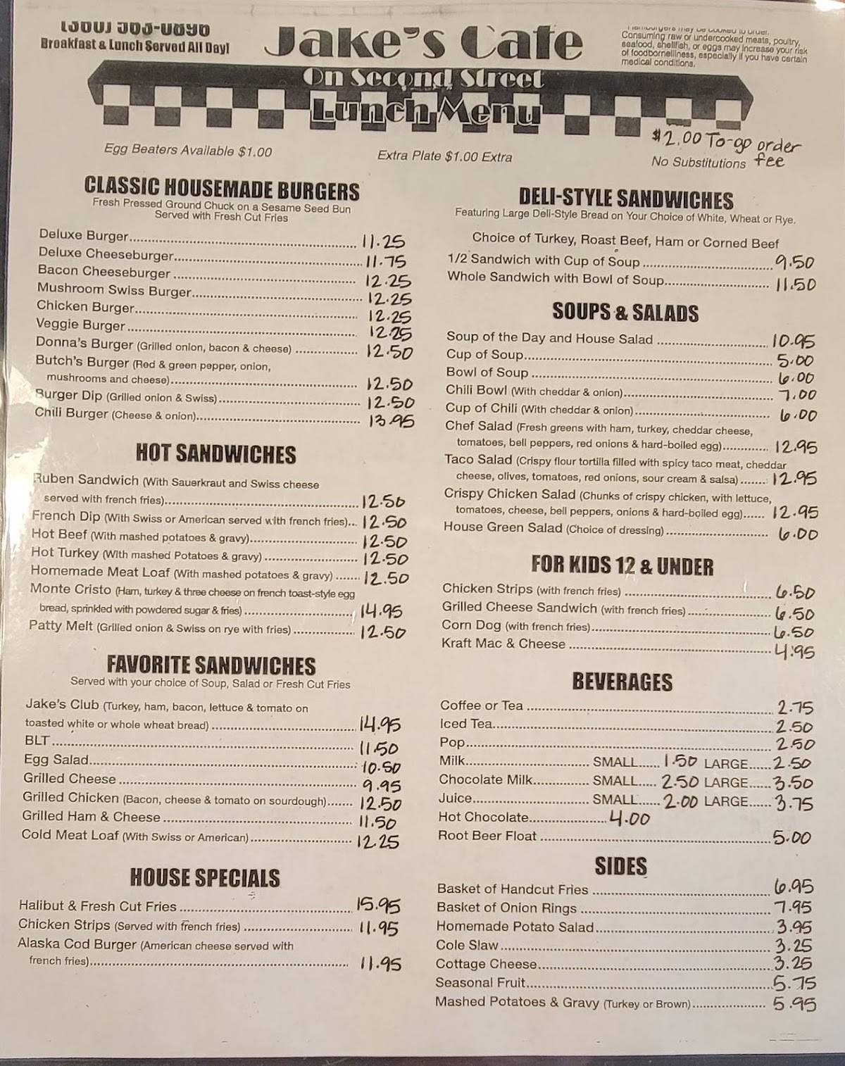 Menu at Jake's Cafe on 2nd Street, Snohomish