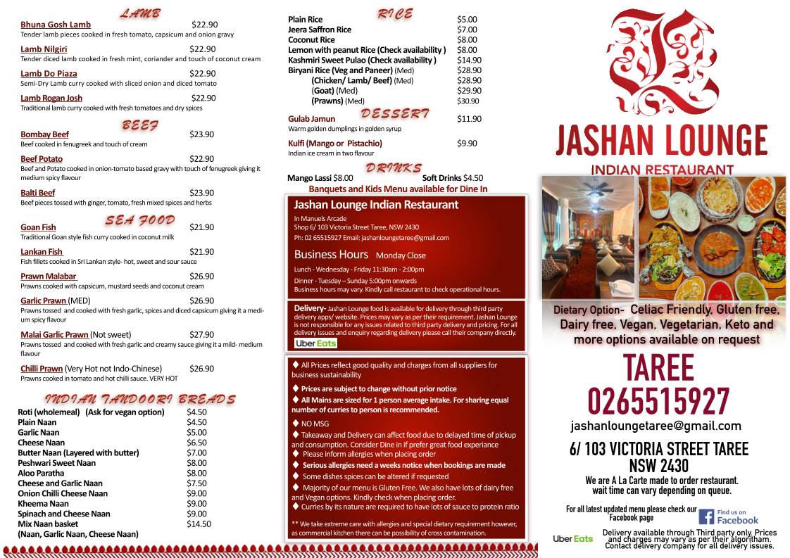 Menu at Jashan Lounge Indian Restaurant, Taree