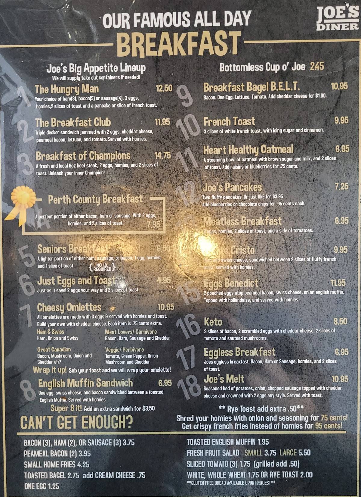 Menu at Joe's Diner - Stratford restaurant, Stratford