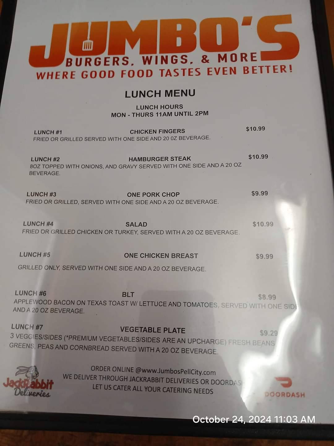 Menu at Jumbo's Burgers, Wings & More restaurant, Pell City, 385 Old ...