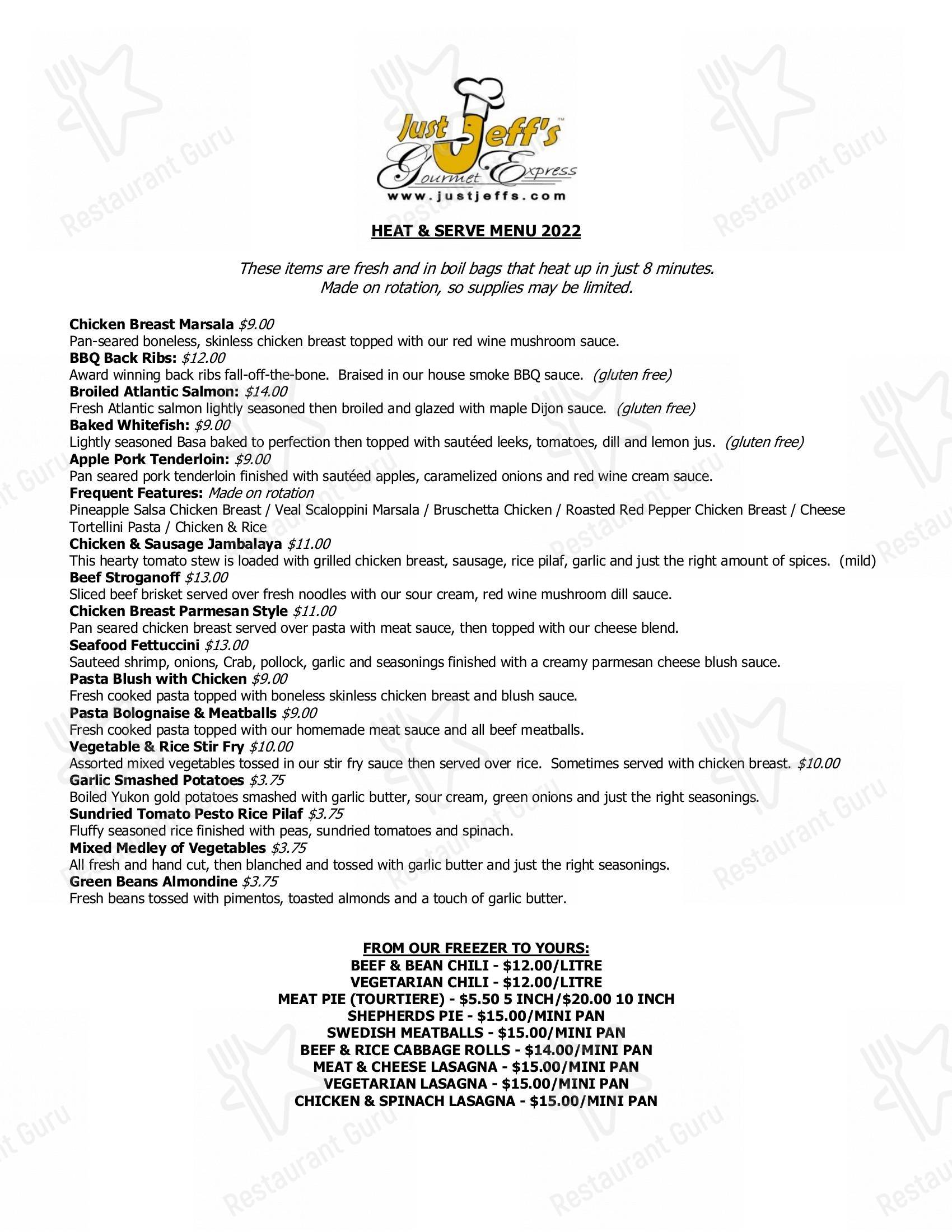 Menu at Just Jeff's Gourmet Express restaurant, Windsor