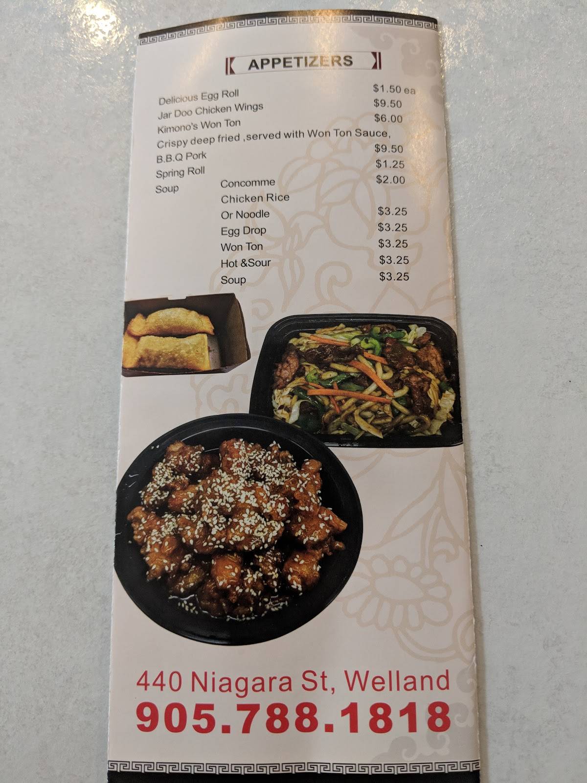 Menu at Kimono's Chinese takeout restaurant, Welland