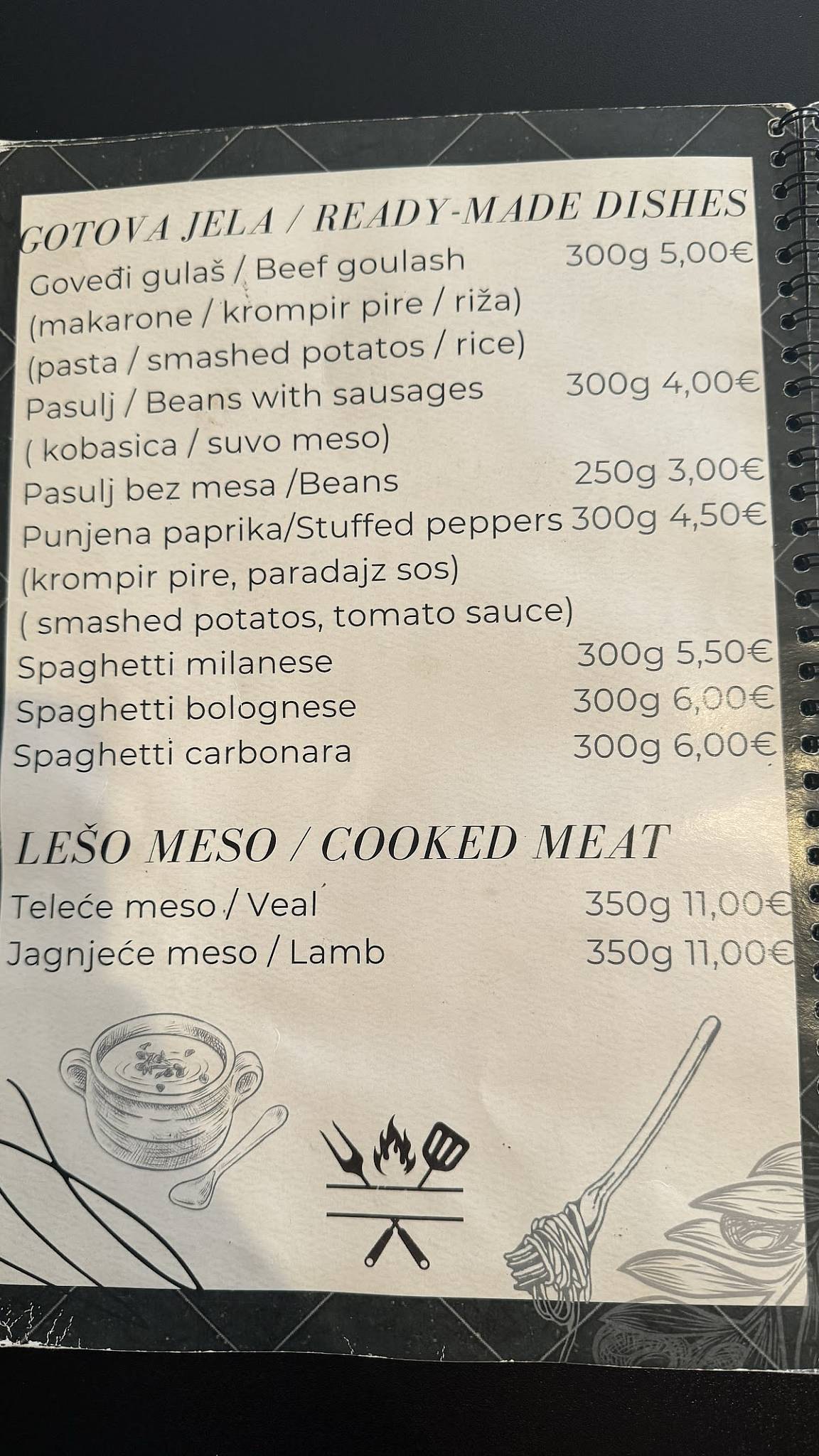 Menu at Konoba Balkan restaurant, Montenegro