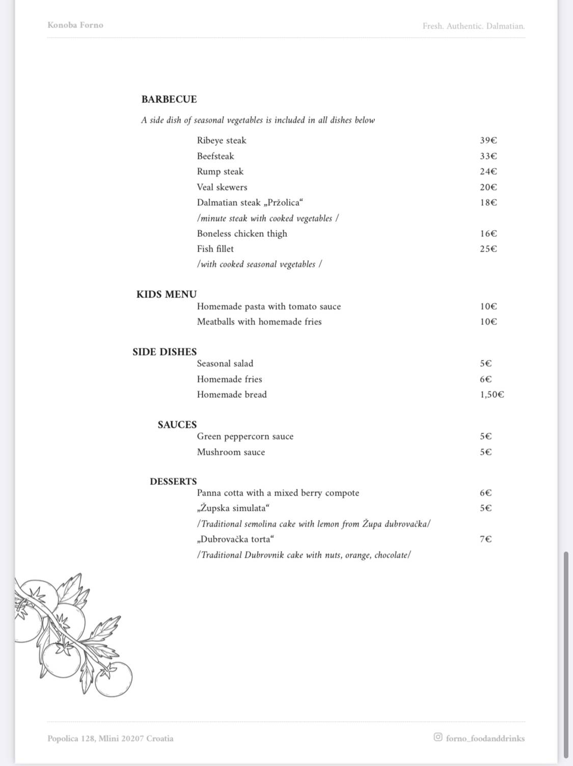 Menu at Konoba Forno restaurant, Mlini
