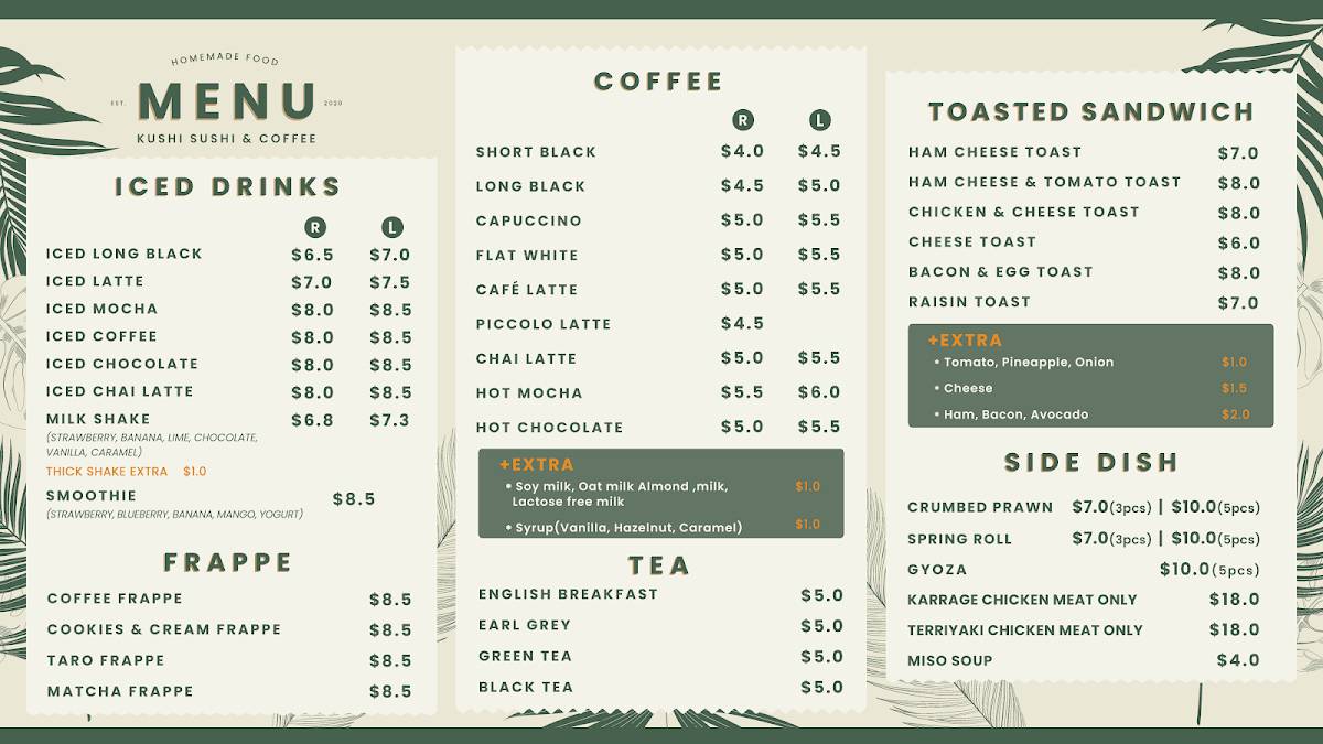 Menu at Kushi Sushi & Coffee restaurant, Mareeba