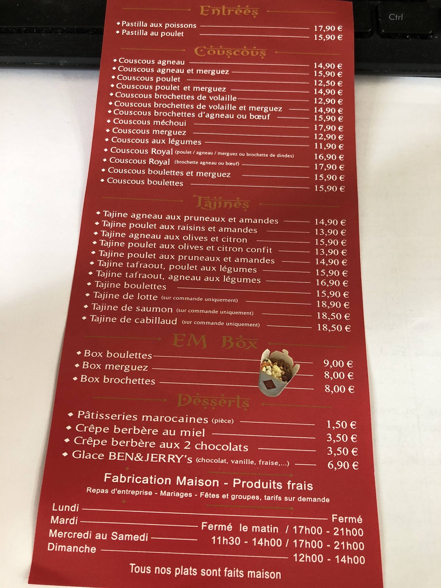 Menu au L’Etoile Du Maroc restaurant, Nevers