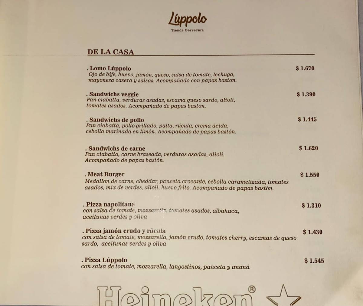 Carta del restaurante Lúppolo Heineken, San José