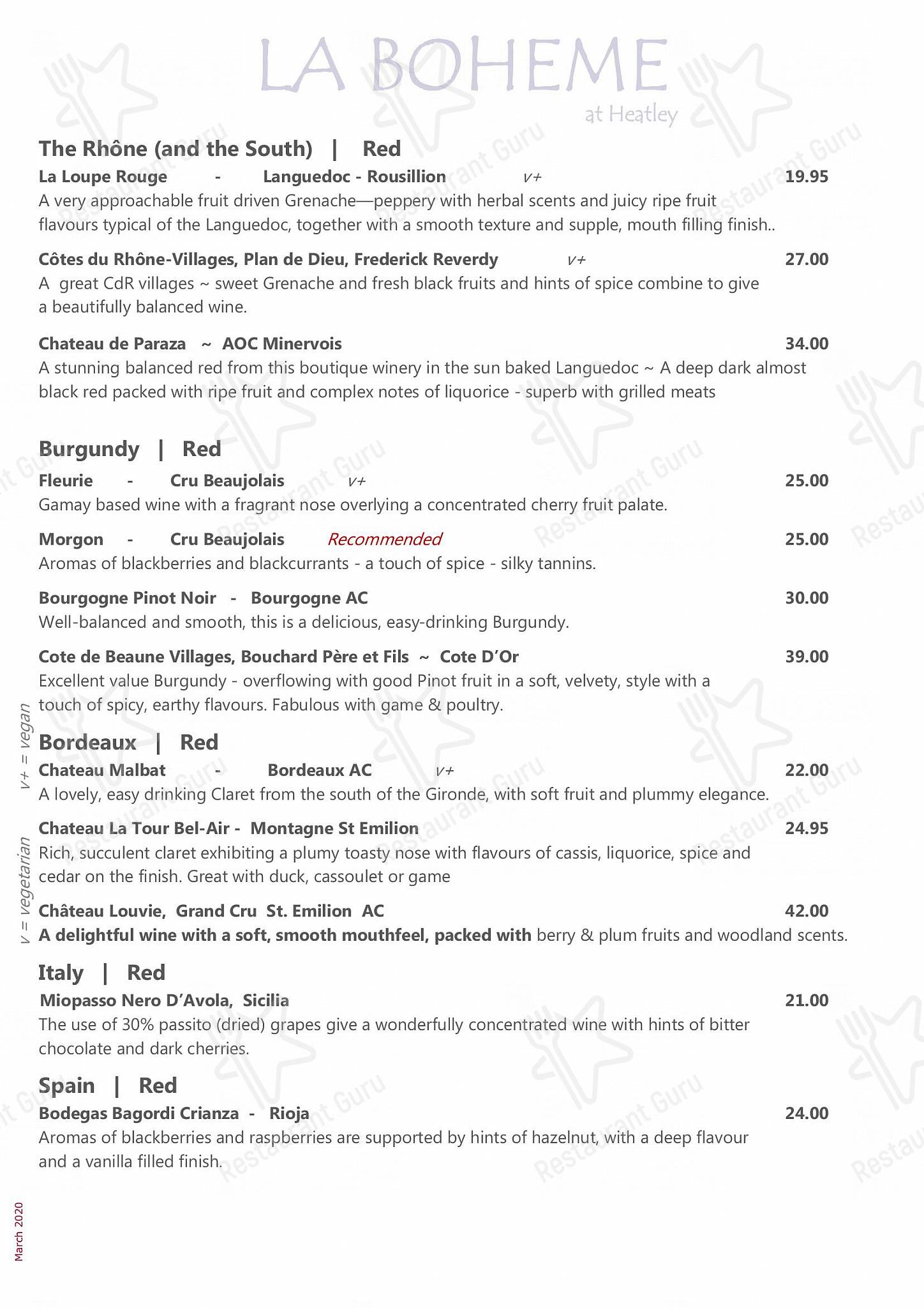 Menu at La Boheme restaurant, Lymm