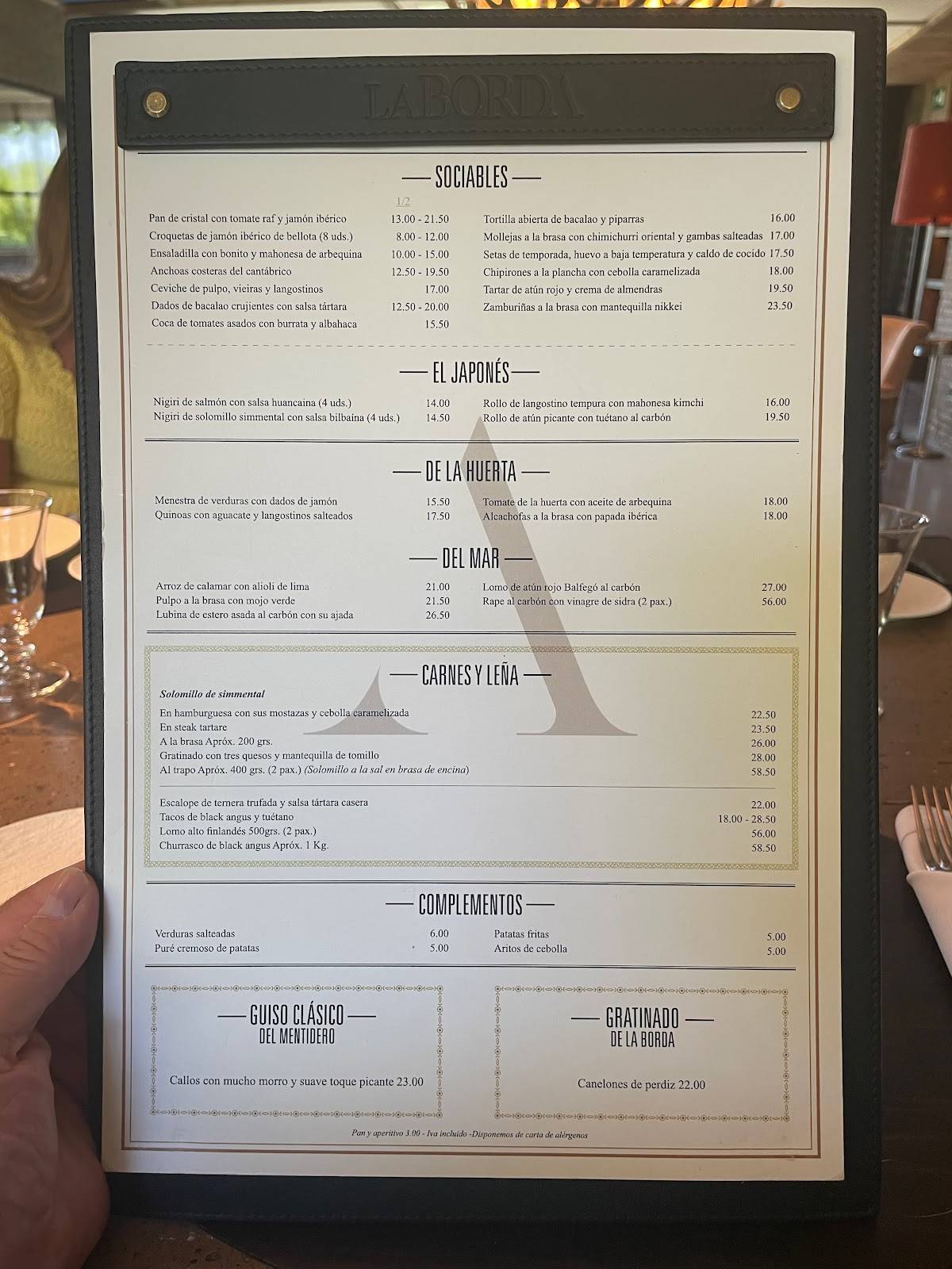 Carta de Restaurante La Borda del Mentidero, Madrid