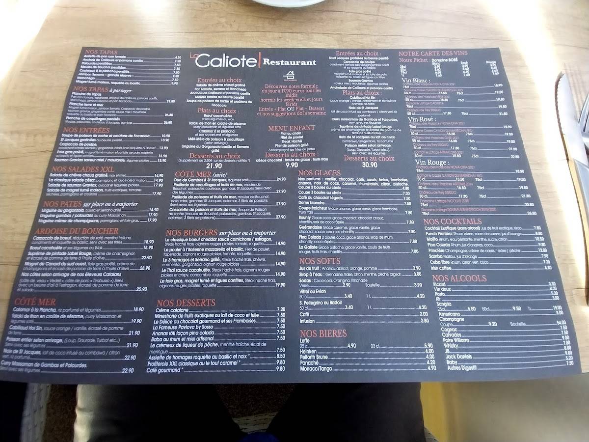 Menu au La Galiote restaurant, Canet-en-Roussillon