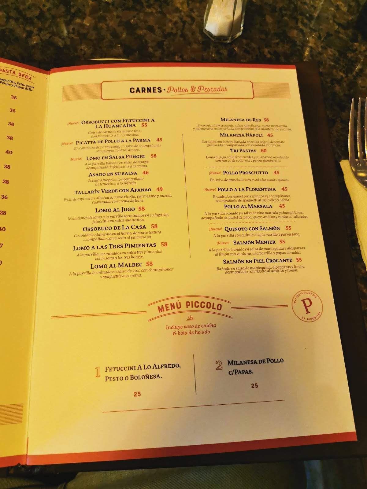 Carta del restaurante La Piccolina, San Borja, C. Morelli 235
