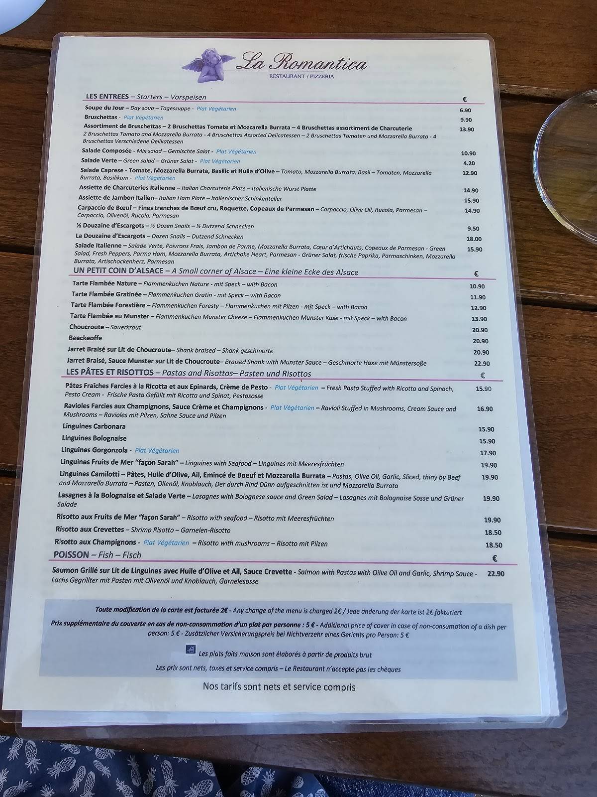 Carta de Restaurant La Romantica, Colmar