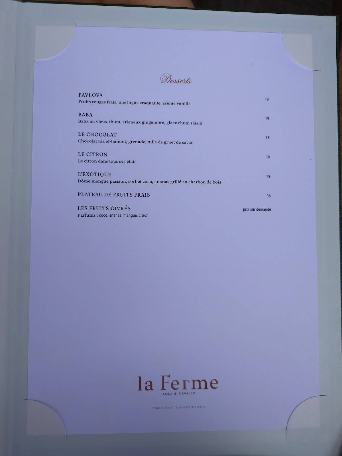 Menu au Restaurant La ferme, Bonifacio, Ile de Cavallo