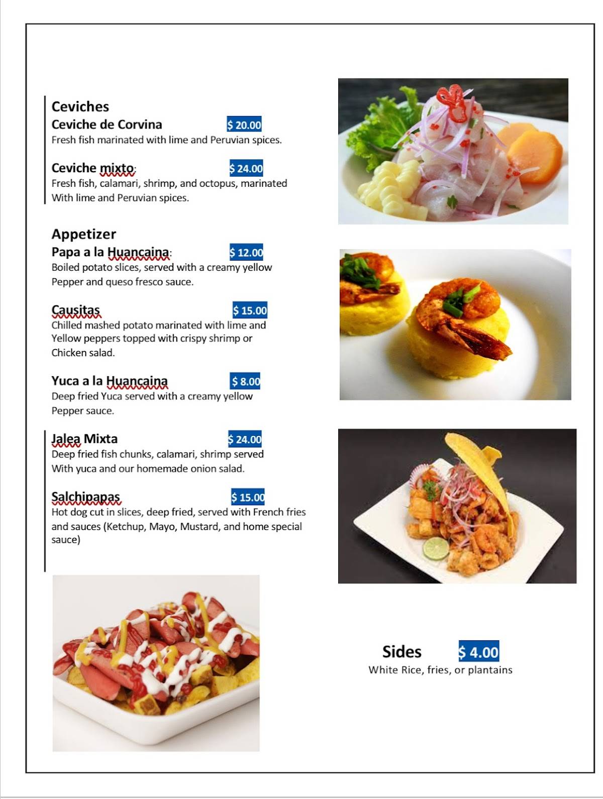 Menu at La tradición Peruvian restaurant, Port St. Lucie