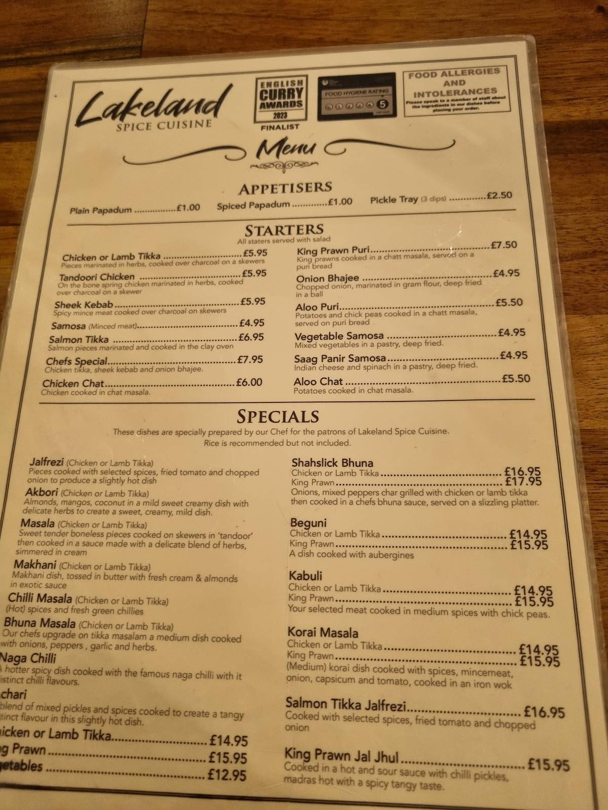 Menu at Lakeland Spice Cuisine restaurant, Keswick
