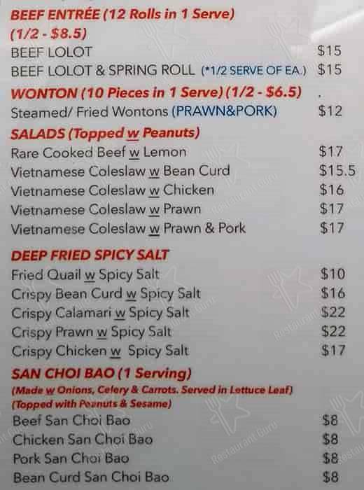 Menu at Lam Lam restaurant, Melbourne, 399A High St