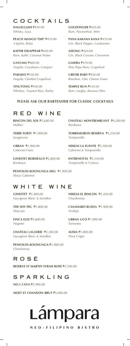 Menu at Lampara restaurant, Makati