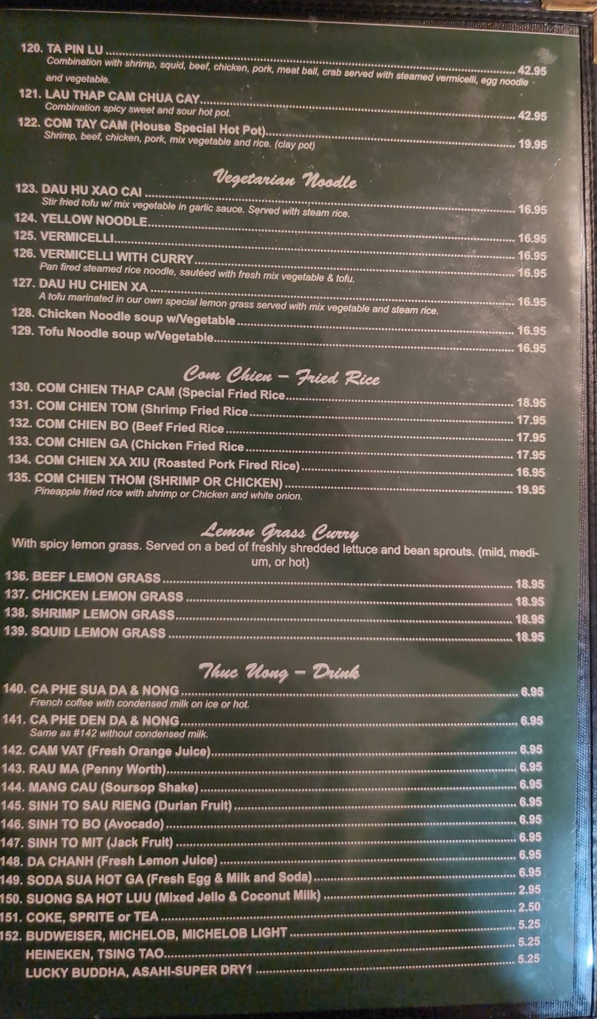 Menu at Lang Van restaurant, Charlotte