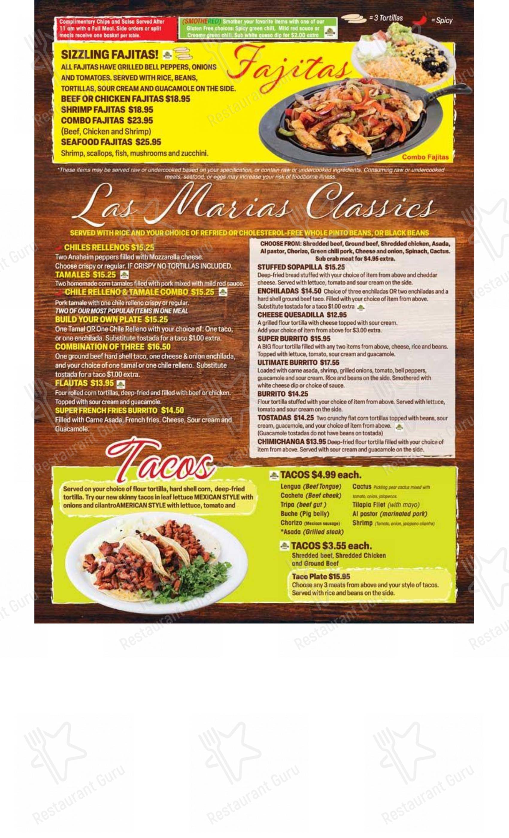 Menu at Las Marias restaurant, Grand Junction, 118 S 7th St