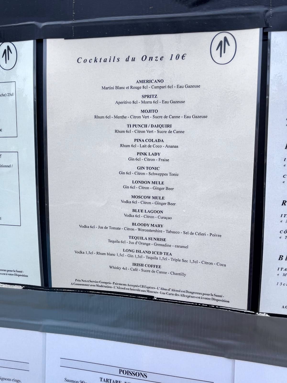 Menu au Le Onze restaurant, Le Lavandou, Quai d'Honneur