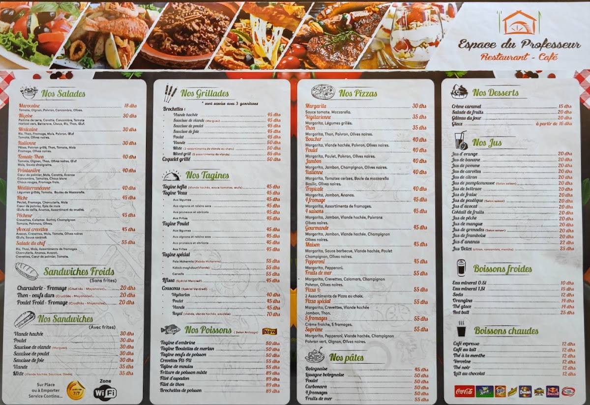 Menu au L'espace du professeur restaurant, Casablanca, 104