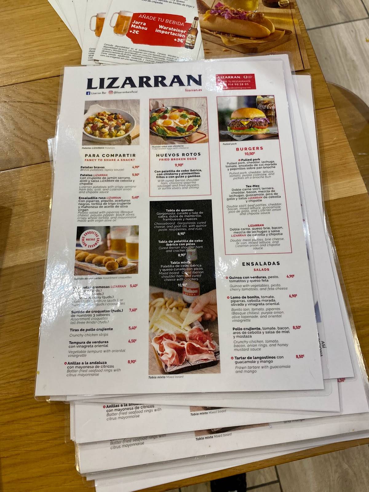 Carta del restaurante LIZARRAN, Madrid, C. del Arequipa