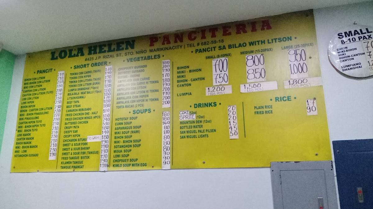 Menu at Lola Helen Panciteria restaurant, Marikina, 425 J. P. Rizal St