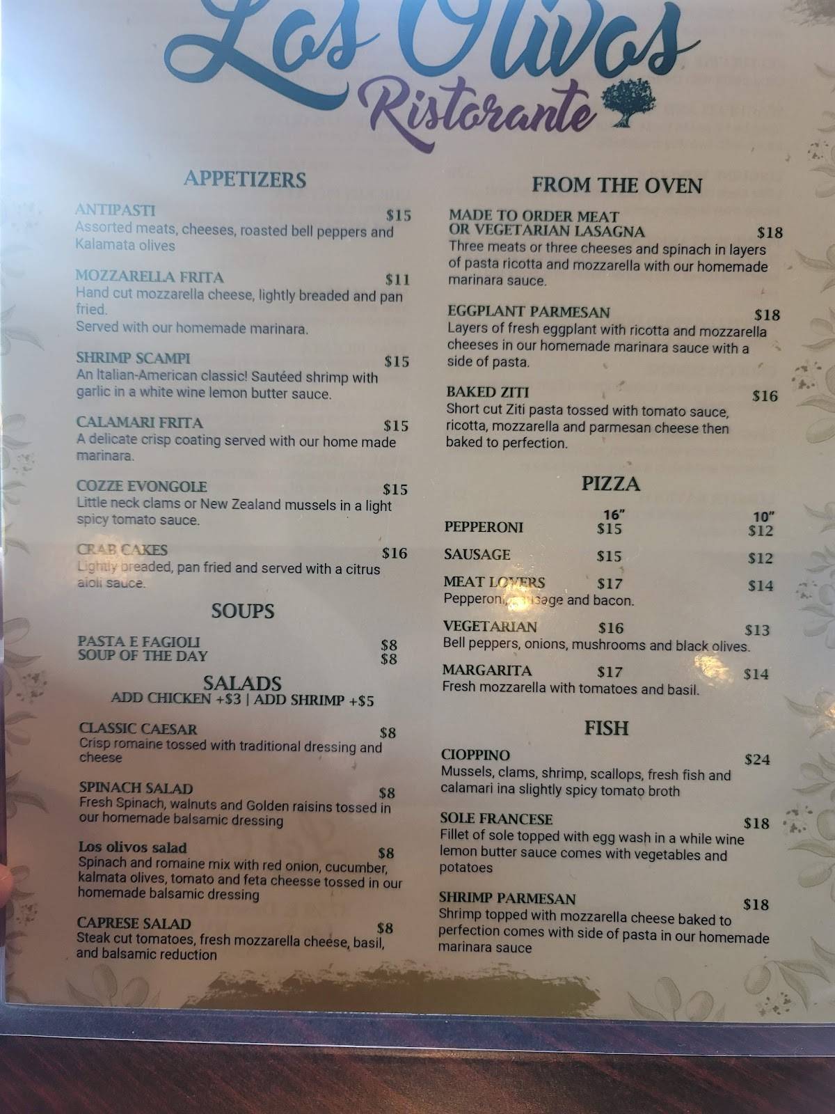 Menu at Los Olivos Ristorante restaurant, Las Vegas