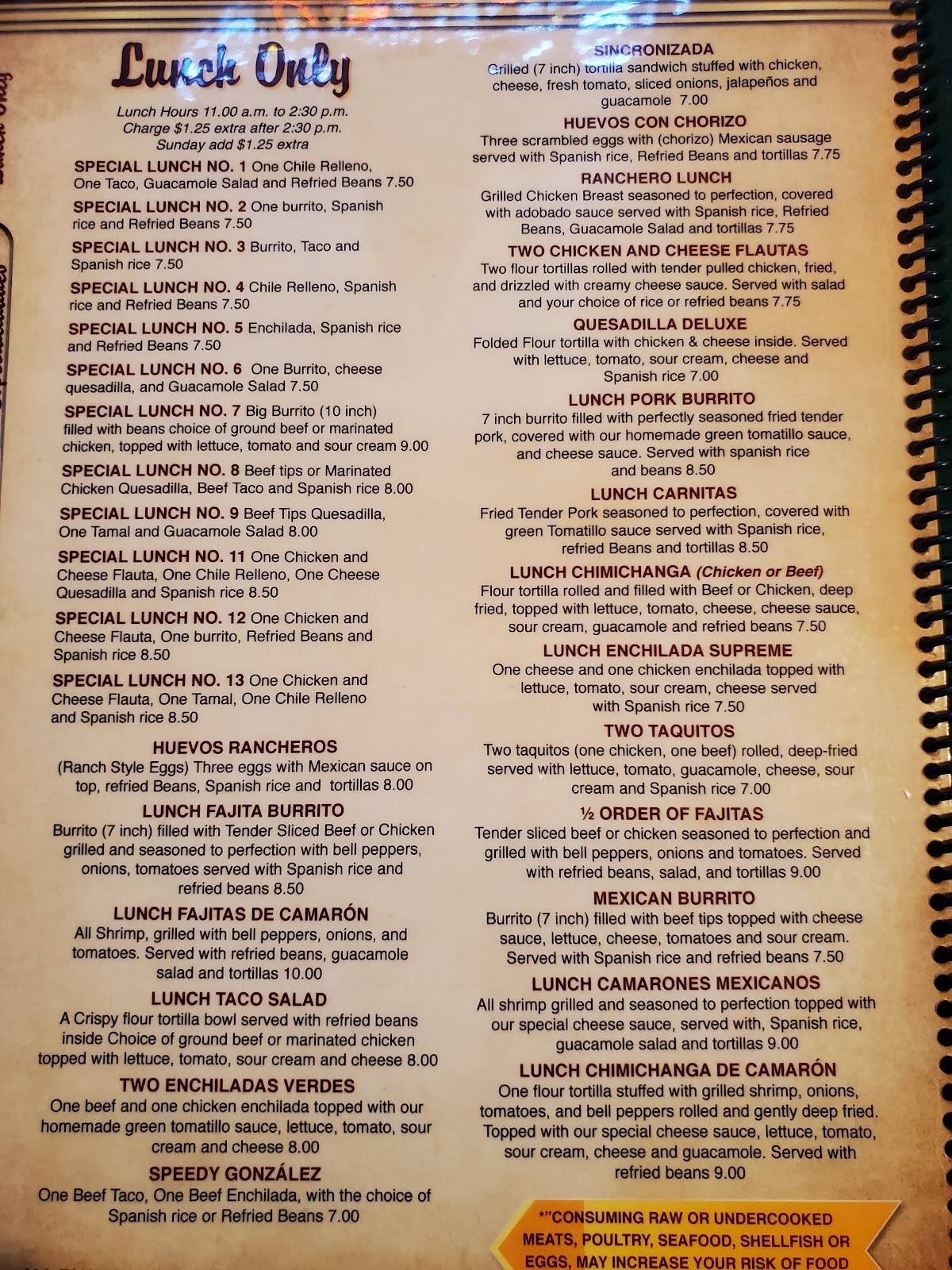 Menu at Luna Azteca restaurant, Johnstown