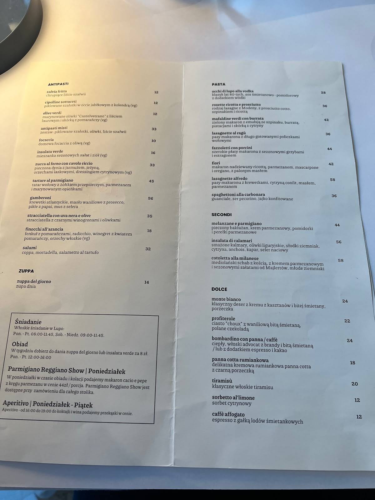 Menu at Lupo Pasta Fresca restaurant, Warsaw