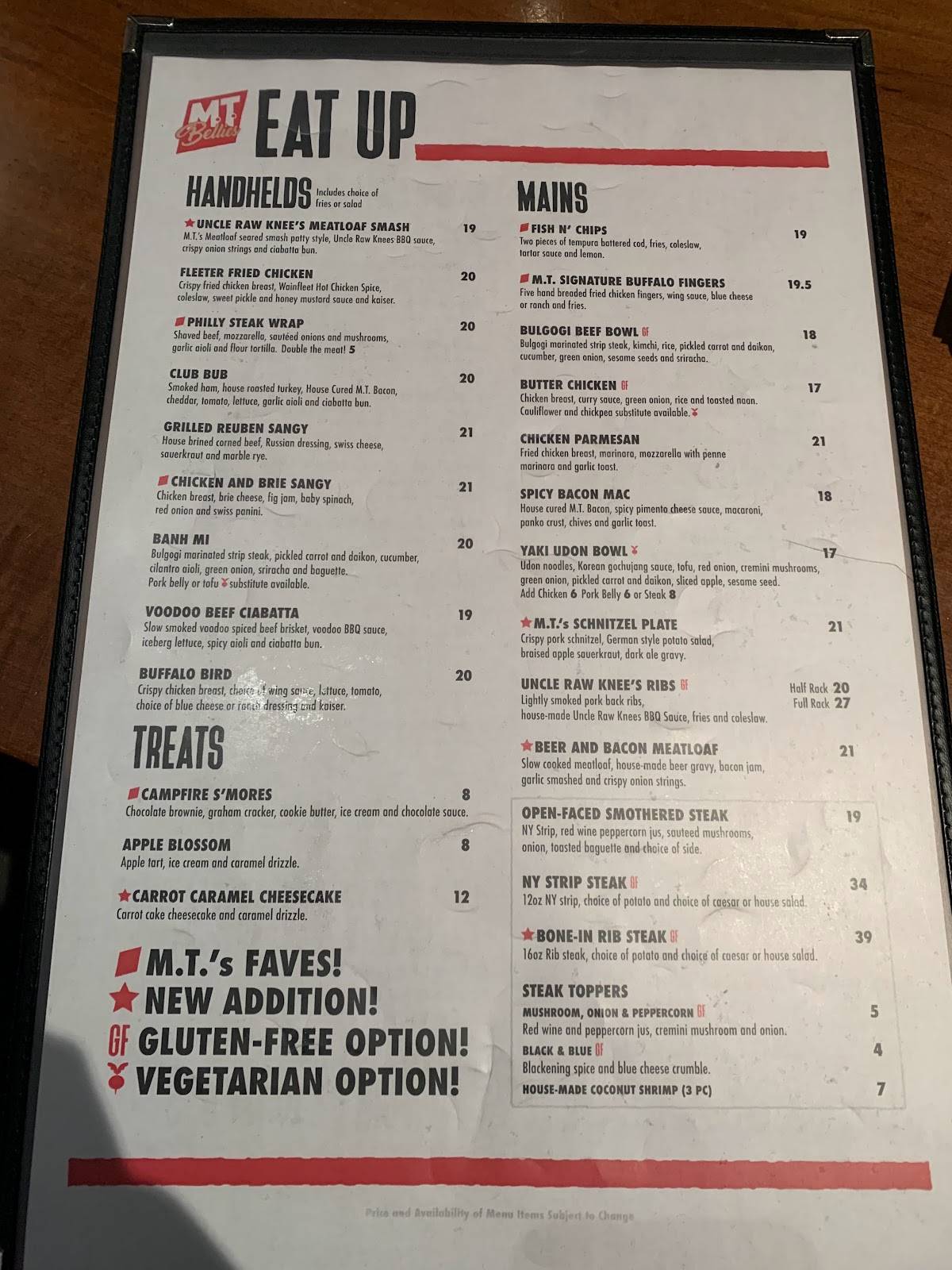 Menu at M.T. Bellies restaurant, Welland